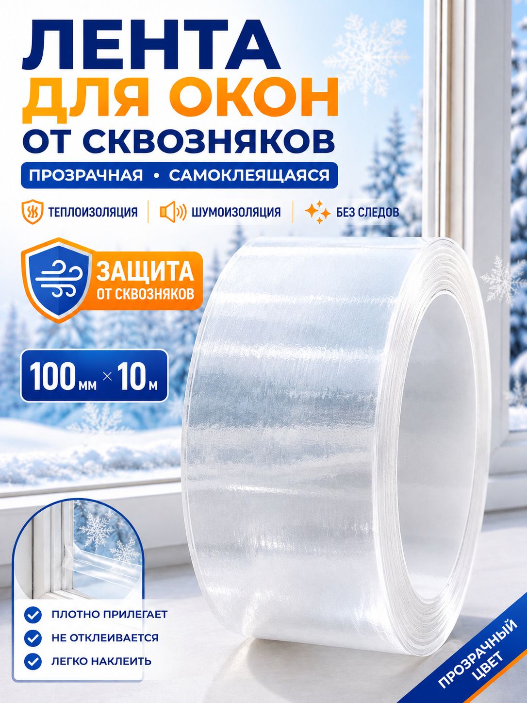 Скотч для окон от холода, самоклеящаяся лента от сквозняков для утепления окон и дверей, прозрачный