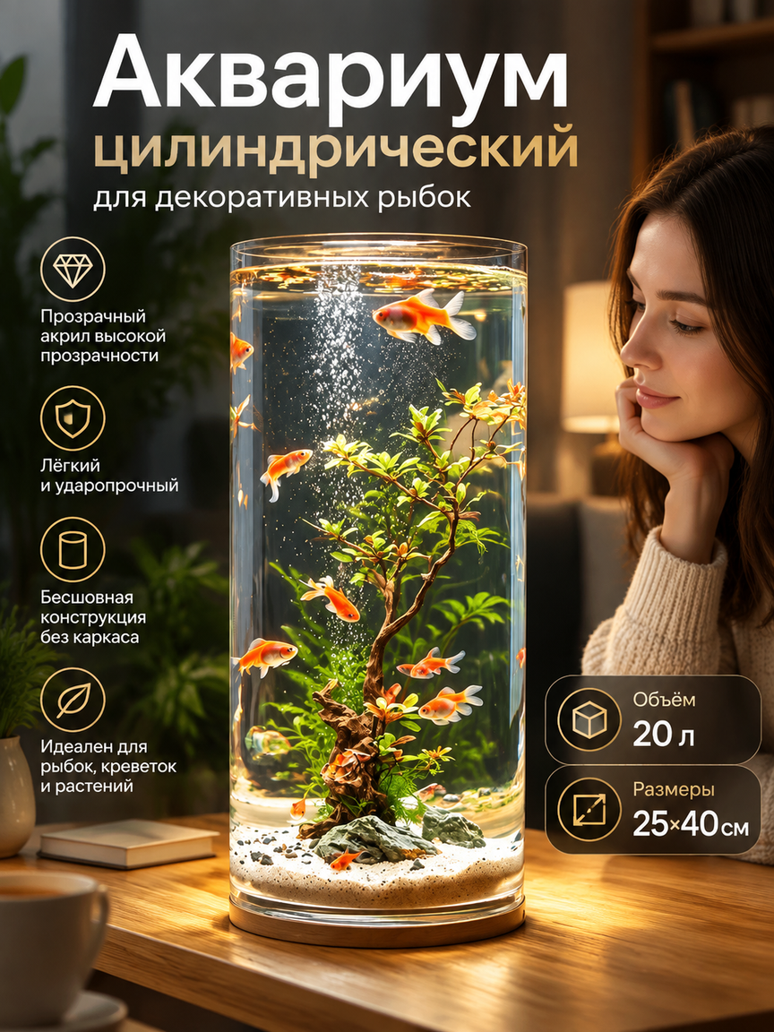Аквариум цилиндрический настольный из прозрачного акрила 25×40 см, 20 л, для декоративных рыбок