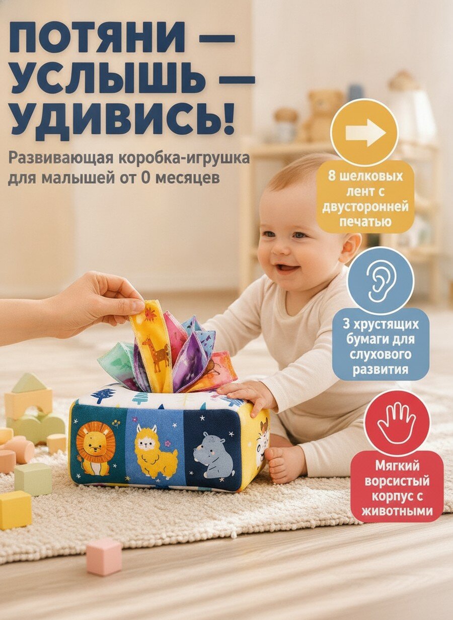Развивающая игрушка-коробка Животные с 8 мягкими салфетками для тактильного развития детей 0-3 лет