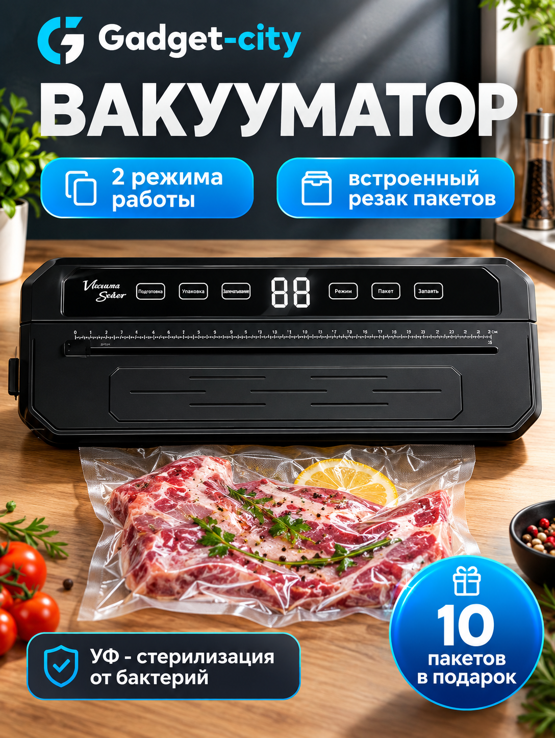 Вакуумный упаковщик + 10 пакетов для запаивания в подарок, вакууматор + резак для пакетов, черный