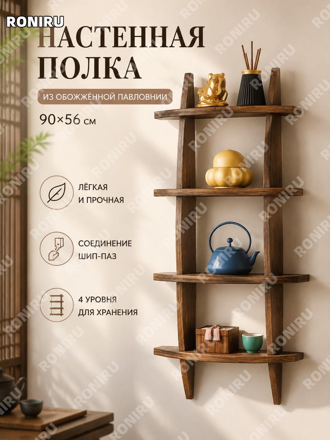Настенная полка для цветов из обожжённого тунгового дерева 90×56 см с соединением шип-паз «Точечный декор» для дома