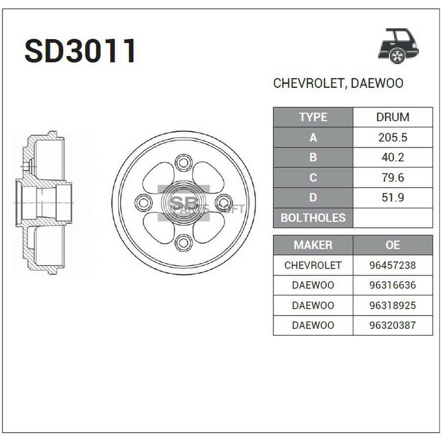 Барабан тормозной Chevrolet Matiz 05-10 / Daewoo Matiz 97-00 SANGSIN BRAKE SD3011 | цена за 1 шт