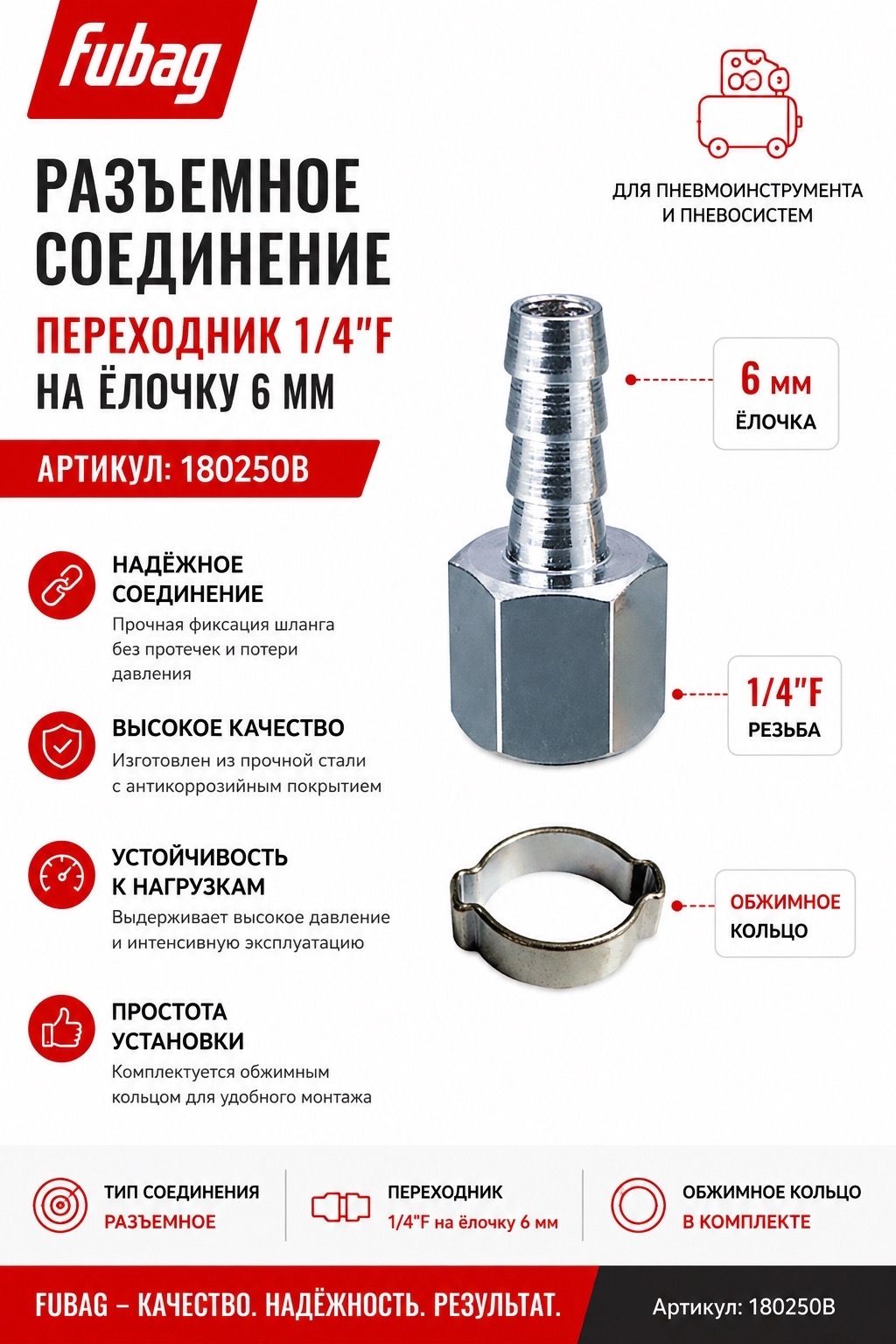Разъемное соединение FUBAG переходник 1/4"F на елочку 6мм 180250В