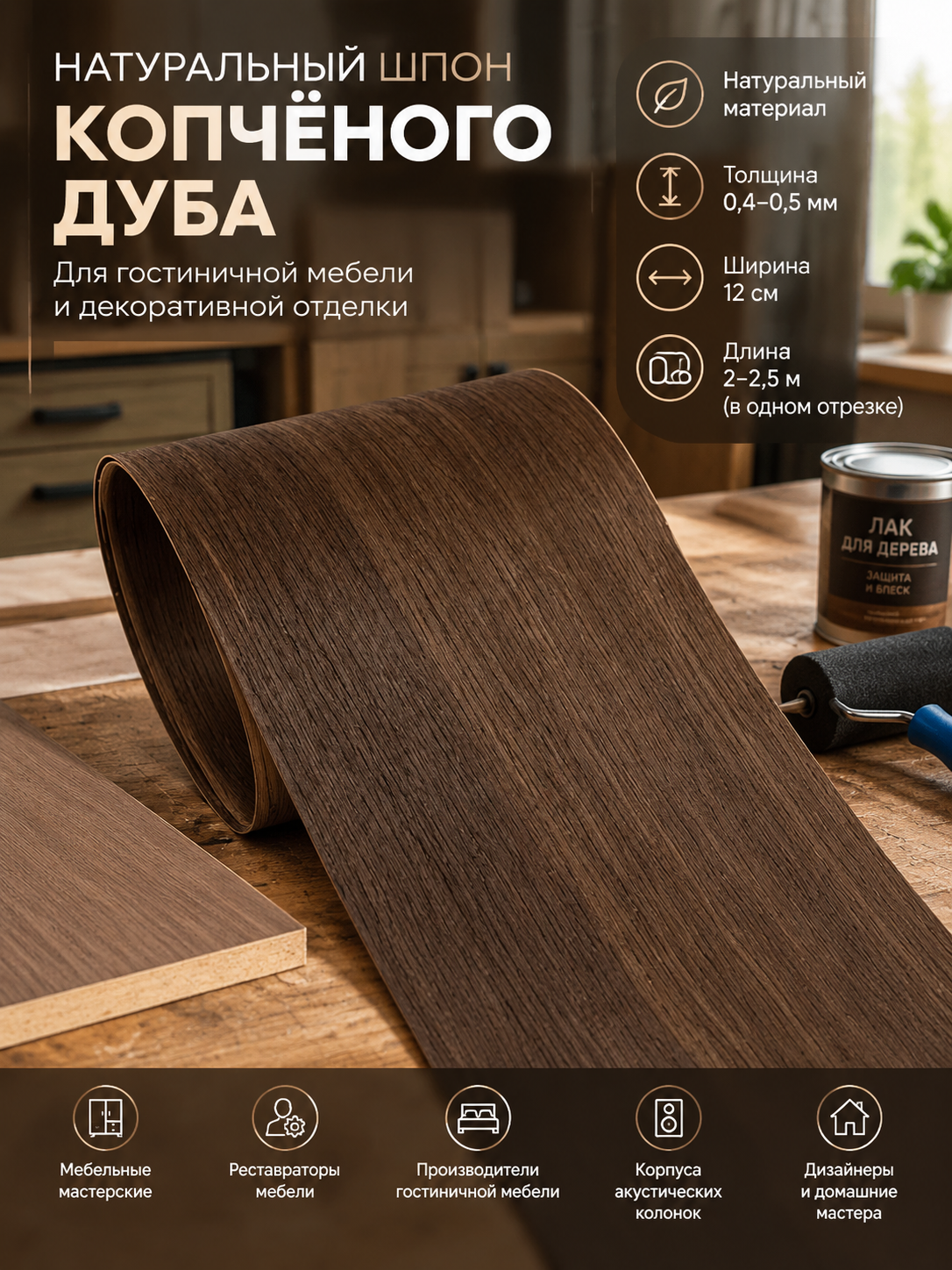 Шпон копчёного дуба для гостиничной мебели 12 см × 2–2,5 м, толщина 0,4–0,5 мм, отделка