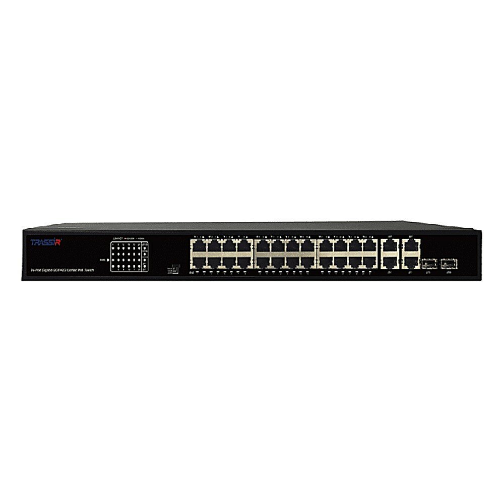 Коммутатор TRASSIR TR-NS14282С-370-24POE — 24 порта PoE, бюджет 370 Вт, 2 SFP, неуправляемый