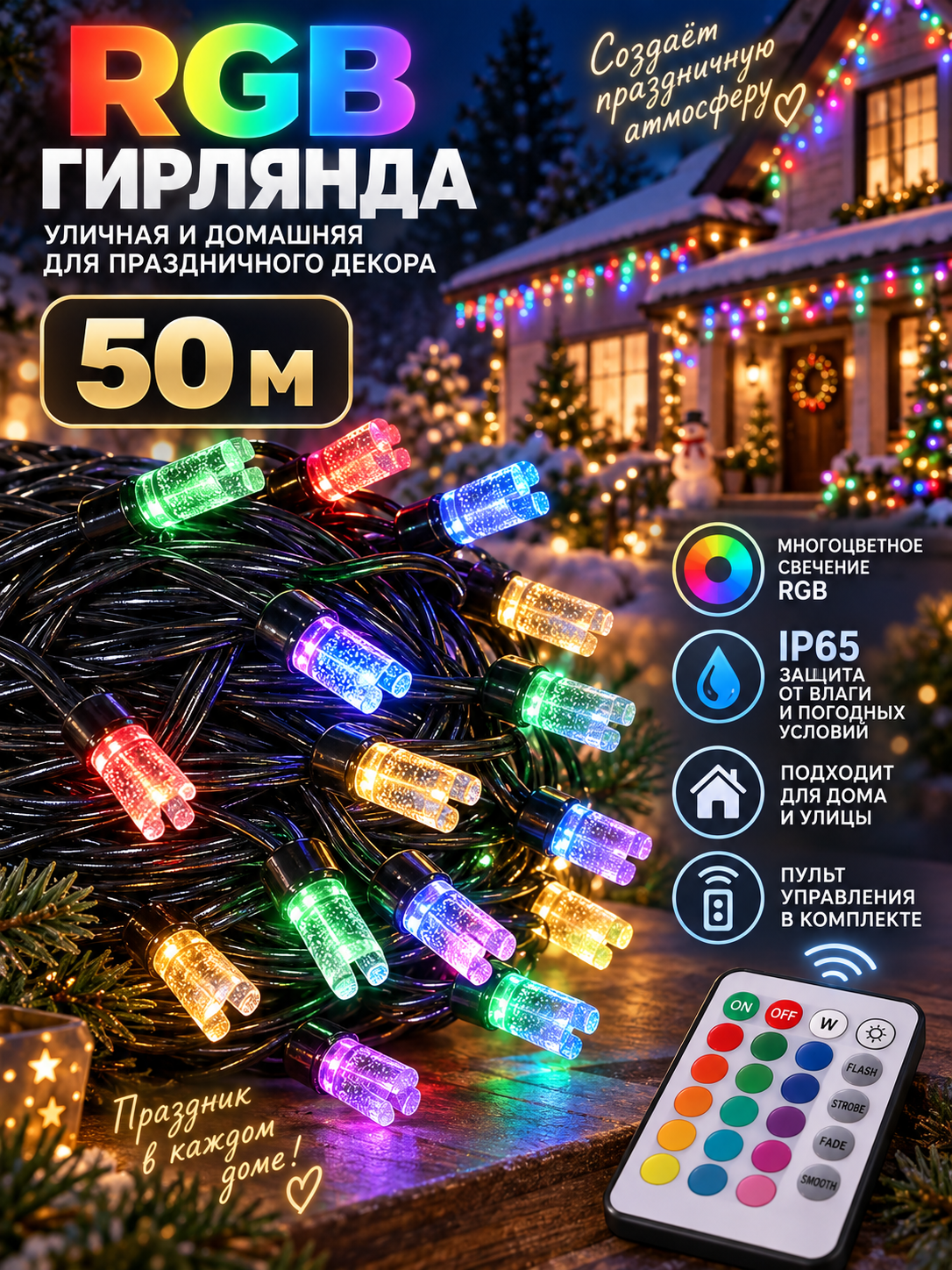 Электрогирлянда нить RGB 50 м DH500-3 с пультом для улицы и дома / Гирлянда светодиодная 25 режимов, разноцветный