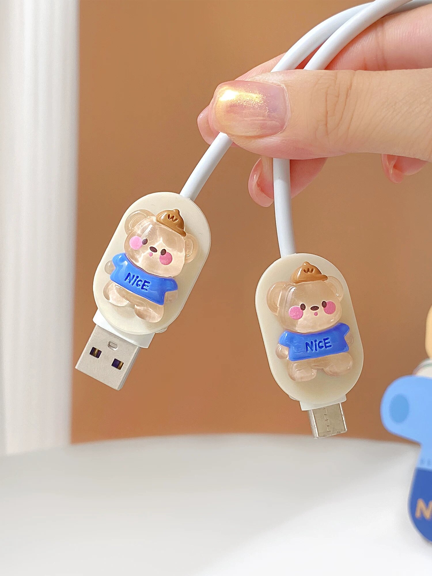 Чехол-защита для кабеля USB-C, светло-бежевый медвежий дизайн, 2 шт. для iPhone и Samsung