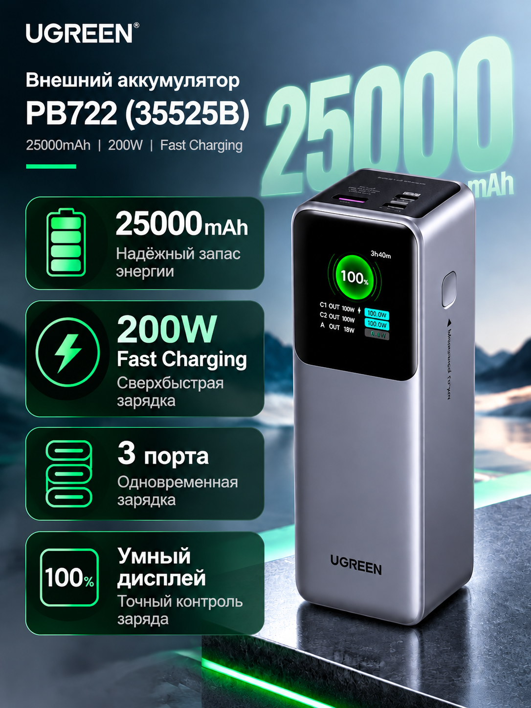 Повербанк портативный UGreen PB722, 25000 мАч, серый, подходит для самолета