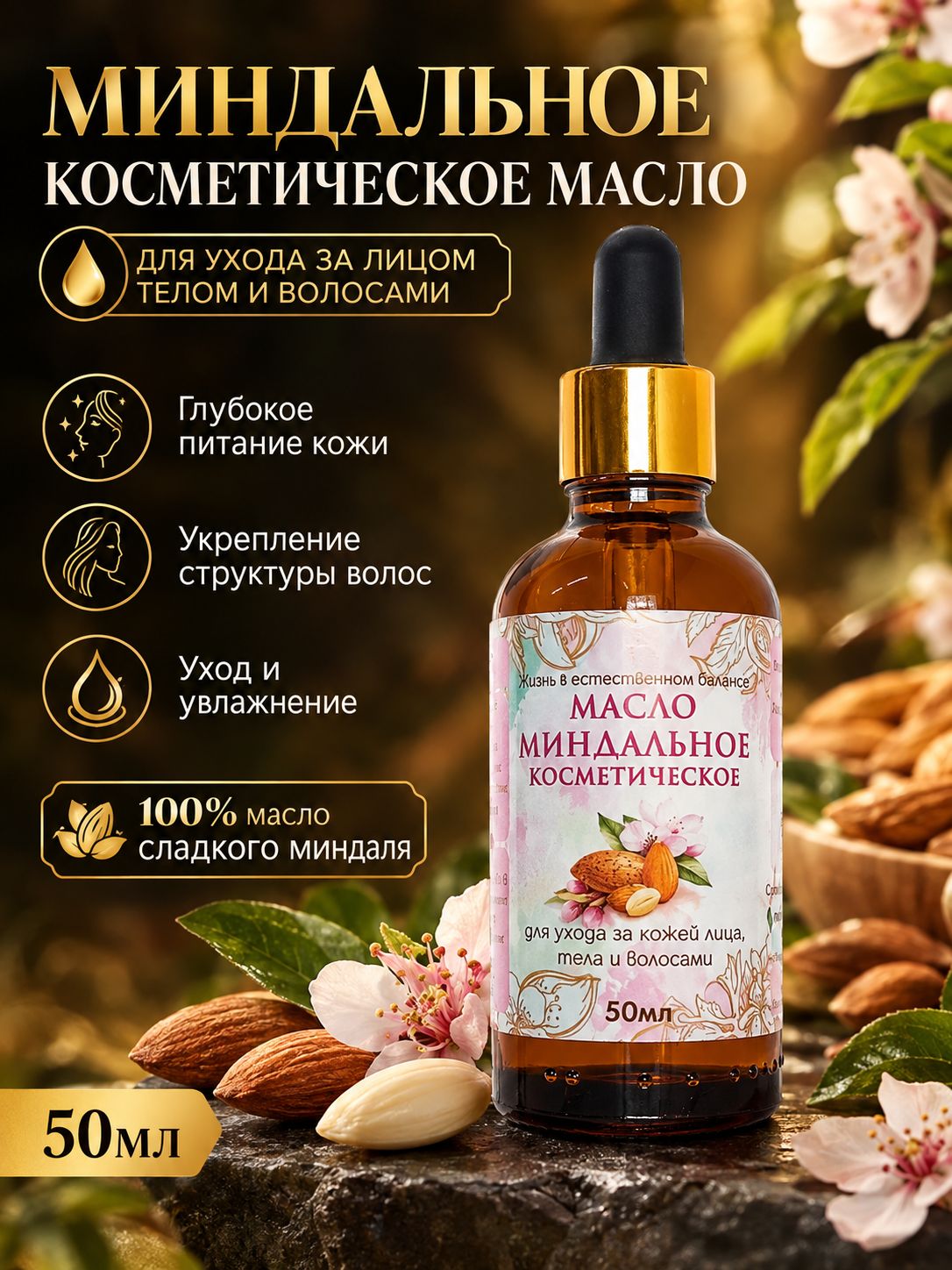 Масло миндальное косметическое, для ухода за кожей, лица, тела и волосами, натуральное