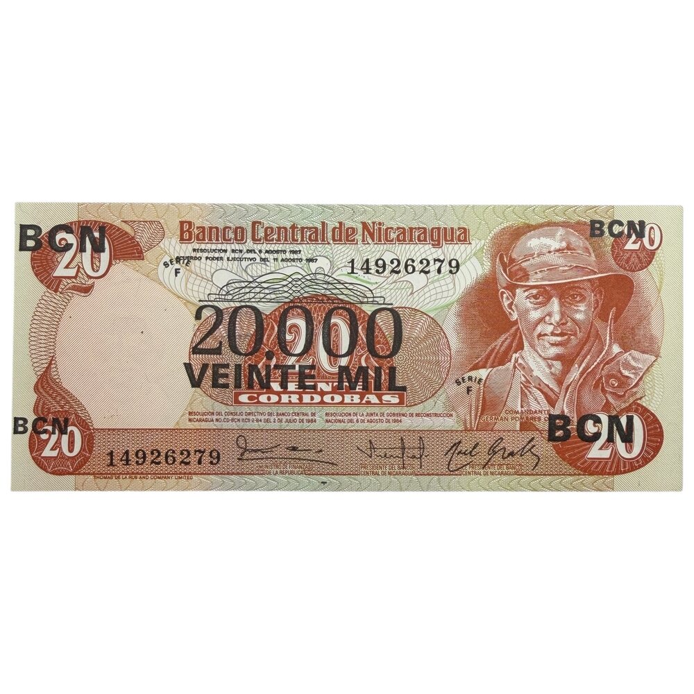 Никарагуа 20000 кордоб 1987 г. (Надпечатка на 20 кордоб 1979) (Серия F)