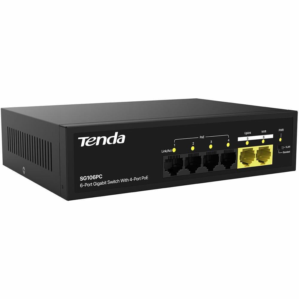 Tenda SG106PC Коммутатор неуправляемый PoE, 6 портов, 6x1 Гбит/с, PoE 4х до 30 Вт, 2хUplink, настольный