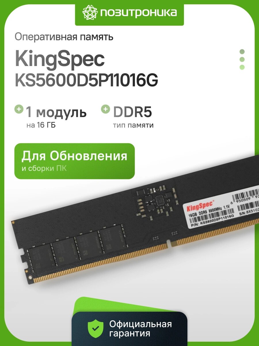 Память DDR5 16GB 5600MHz Kingspec KS5600D5P11016G RTL PC5-44800 CL40 DIMM 288-pin 1.35В single rank RTL