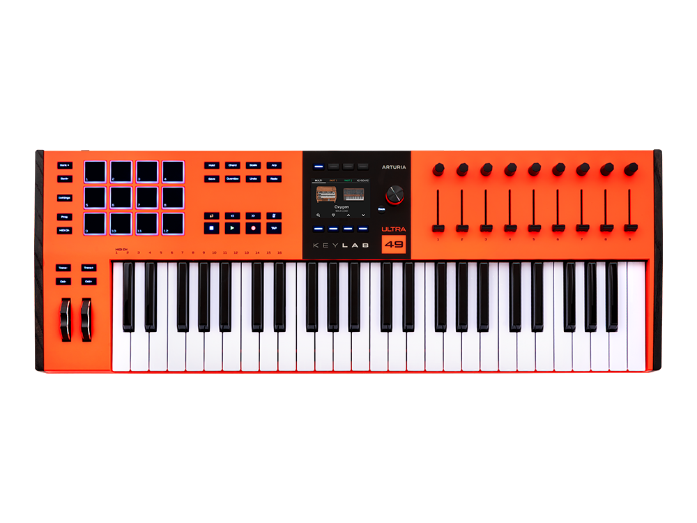 MIDI клавиатура Arturia [KeyLAB 49 MK3 Ultra Edition] 49 клавиш, полувзвешенная механика, дисплей, 12 пэдов, 9 фейдеров, 9 поворотных регуляторов, 3 входа для подключения педалей, MIDI in/out, USB-C