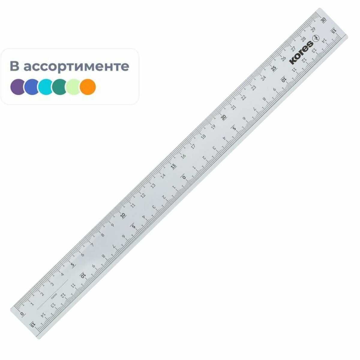 Линейка 30см Kores, пластиковая, цветная, 1шт.