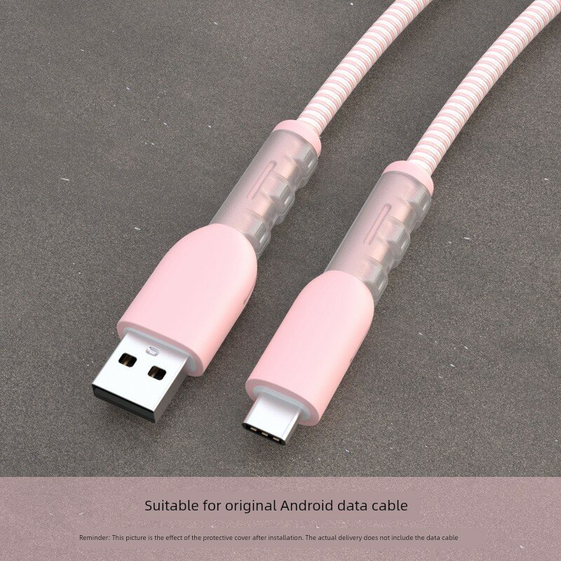Розовый силиконовый чехол для защиты кабеля данных для Android USB-A с 1-метровым спиральным кабелем, двойная защита