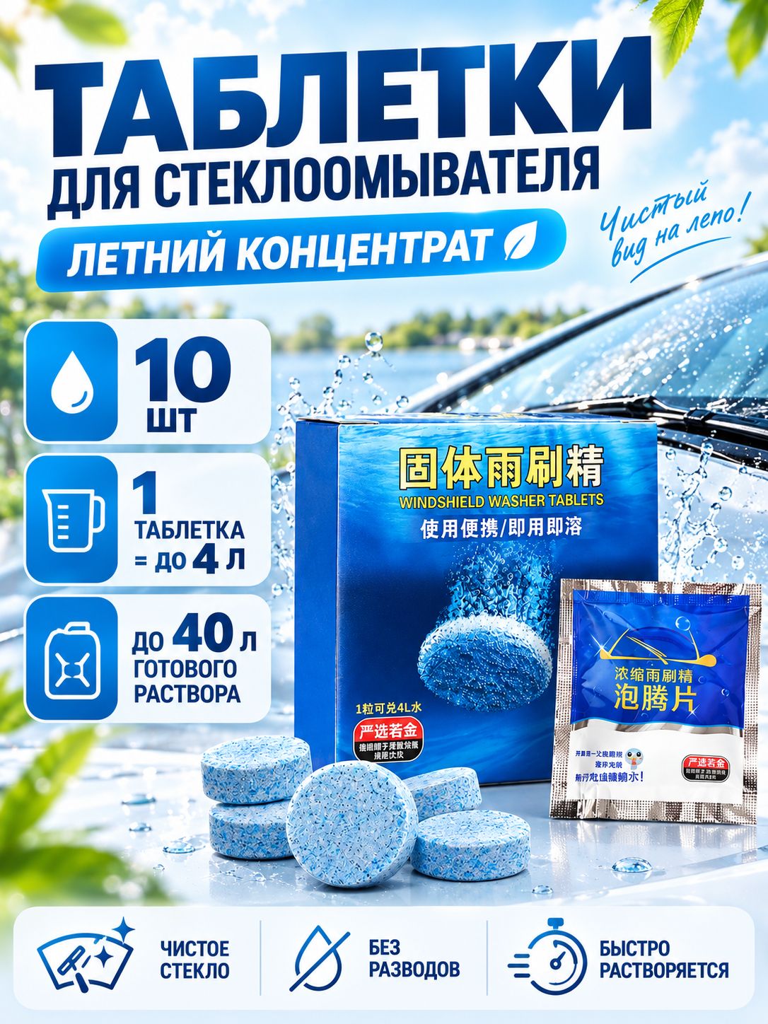 Таблетки для омывателя лобового стекла, омывайка для авто летняя, стеклоочиститель для автомобиля, концентрат
