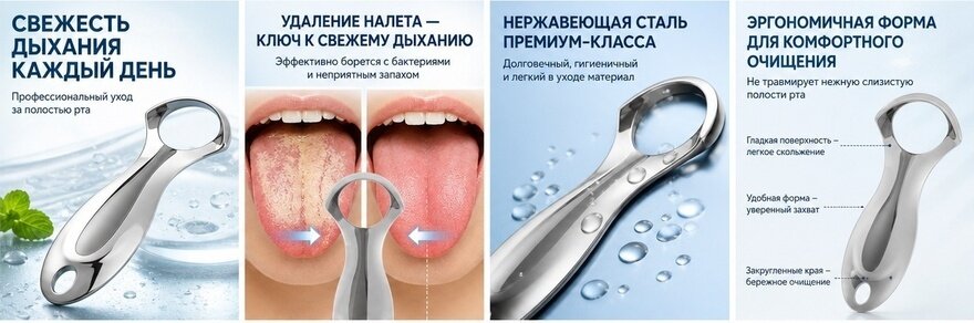 Металлический Очищающий Язык Скребок Серебряный Цвет 8.00X3.30X0.80Cm