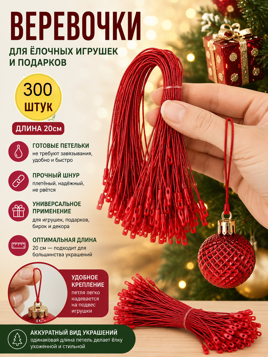 Елочные бусы 20 см красный 300 шт