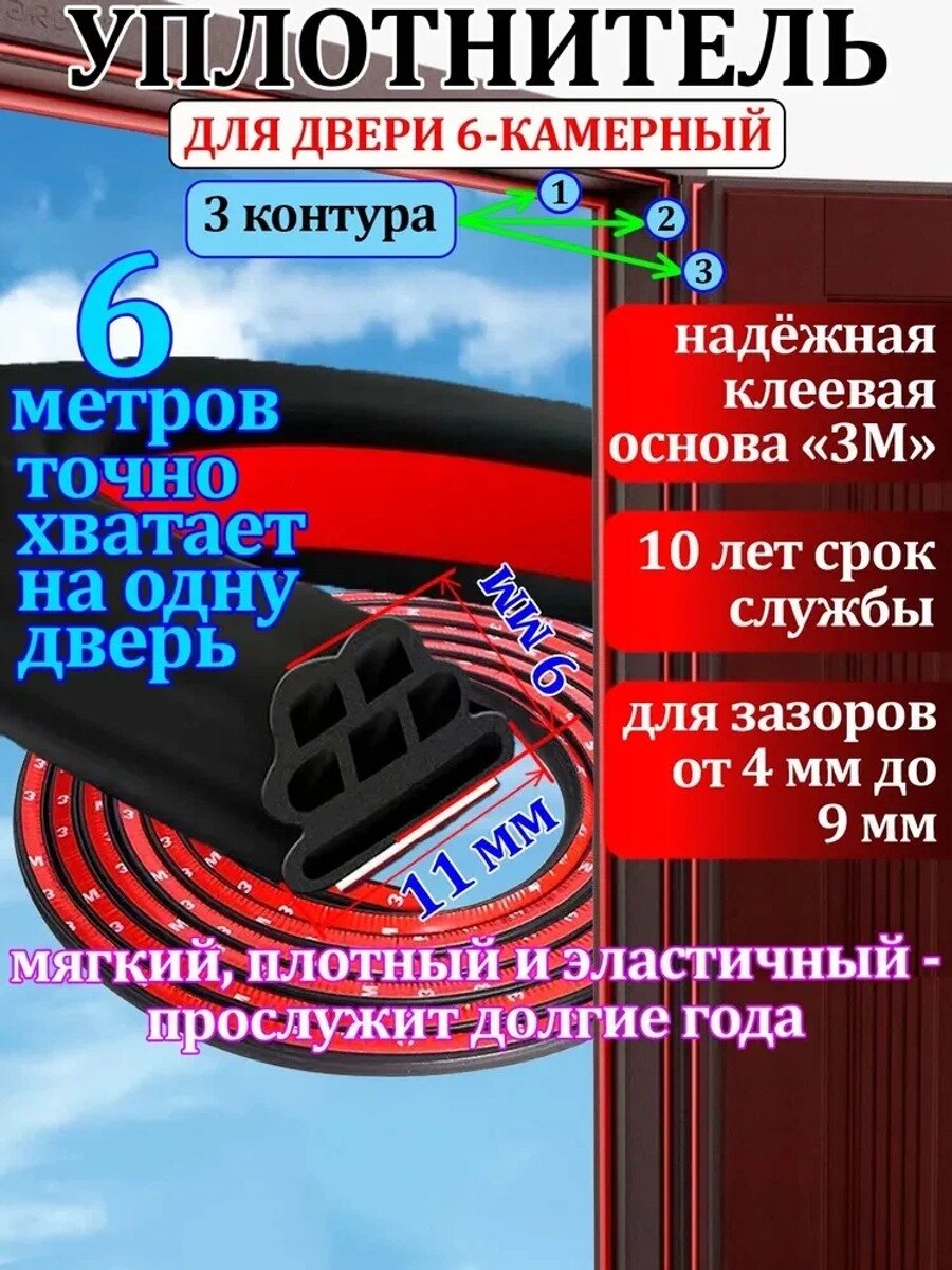 Уплотнитель для окон и дверей самоклеющийся, темно-серый, 1 рулон 6 метров