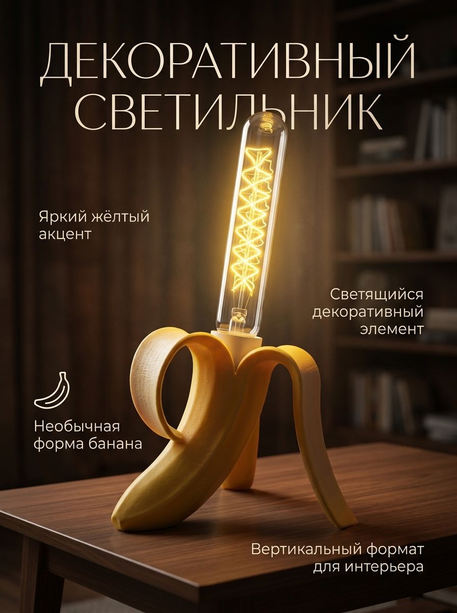 Декоративный светильник, лампа настольная в виде банана. Желтый цвет