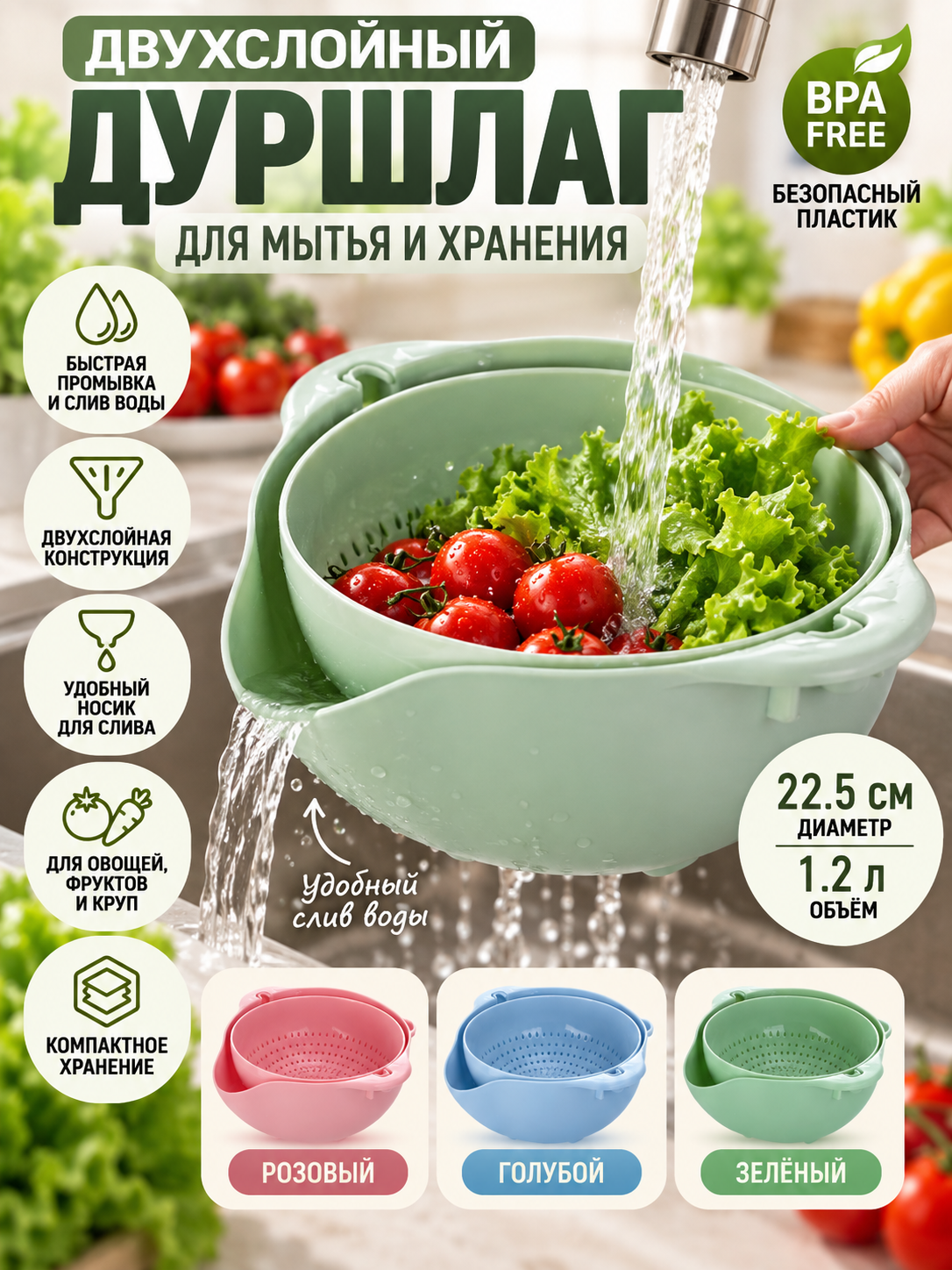 Заголовок: Дуршлаг рисомойка для круп двойной пластиковый с ручками, мойка для овощей и фруктов