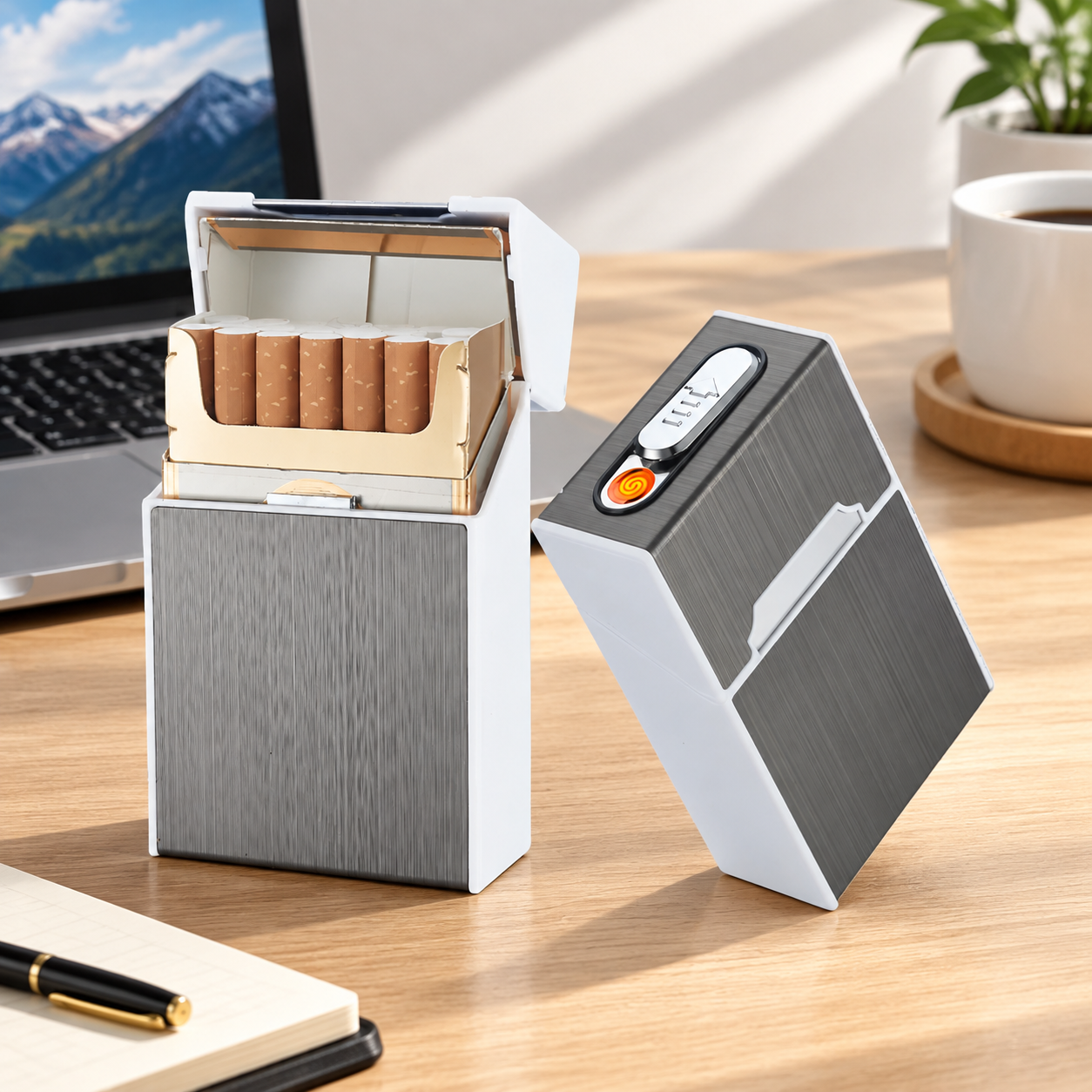 FatCat metal cigarette case USB lighter magnetic closure silver color 10x6x3 cm