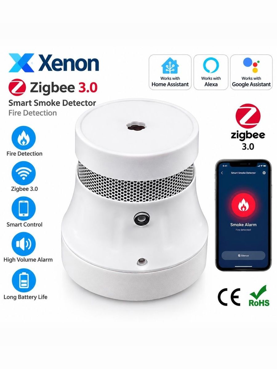 Zigbee автономный пожарный дымовой извещатель, датчик дыма, потолочный монтаж