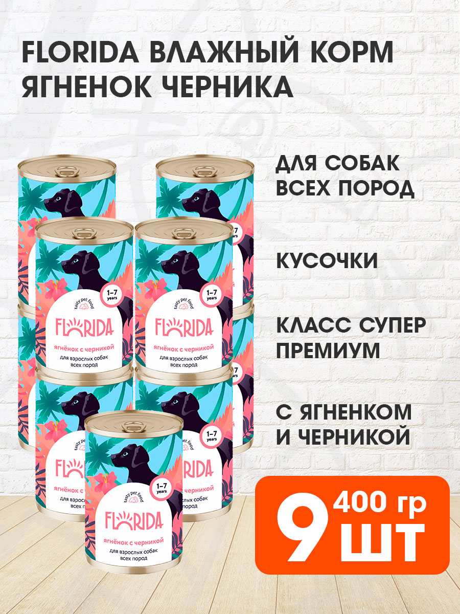 Корм влажный Florida для взрослых собак всех пород, ягненок и черника, 400 г 9 шт