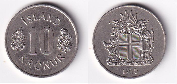 Исландия 10 крон 1975 год