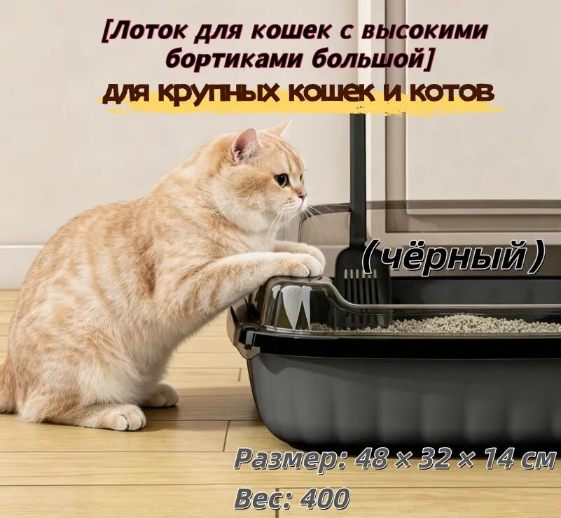 Лоток для кошек большой 48 x 32 x 14 см, с высокими стенками и совком, из прочного пластика, предотвращает разбрасывание, для кошек туалет лоток