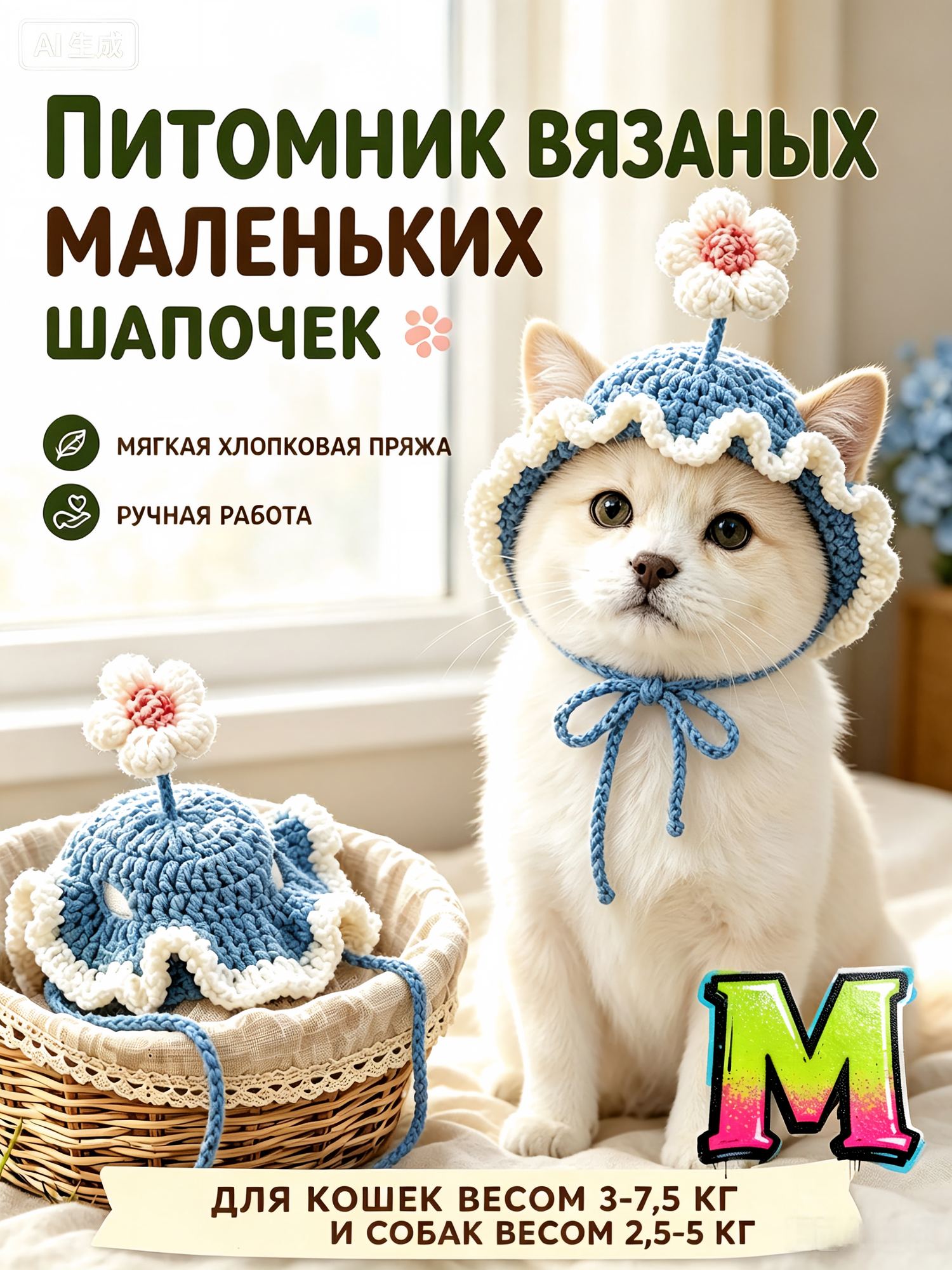 Вязаная шапочка с цветком для кошек и маленьких собак, ручная работа, хлопковая пряжа