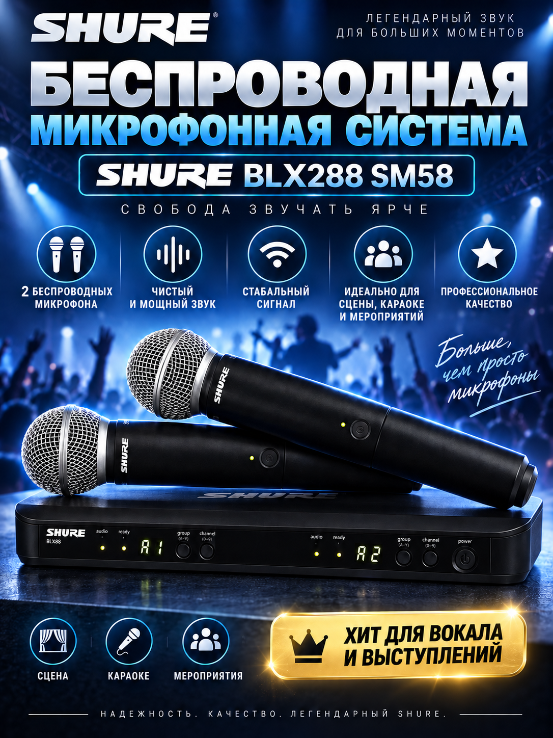 Shure Микрофон для живого вокала BLX288/SM58, С двумя микрофонами