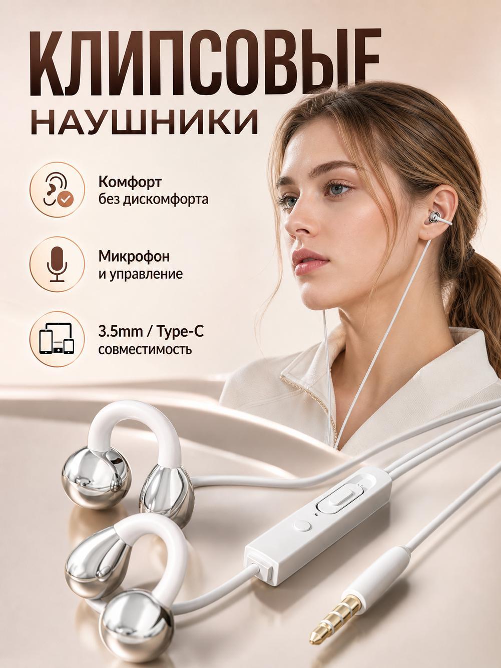 Наушники open ear, проводная, с креплением на ухо, удобная открытая посадка, не давят, до 60 часов, для спорта