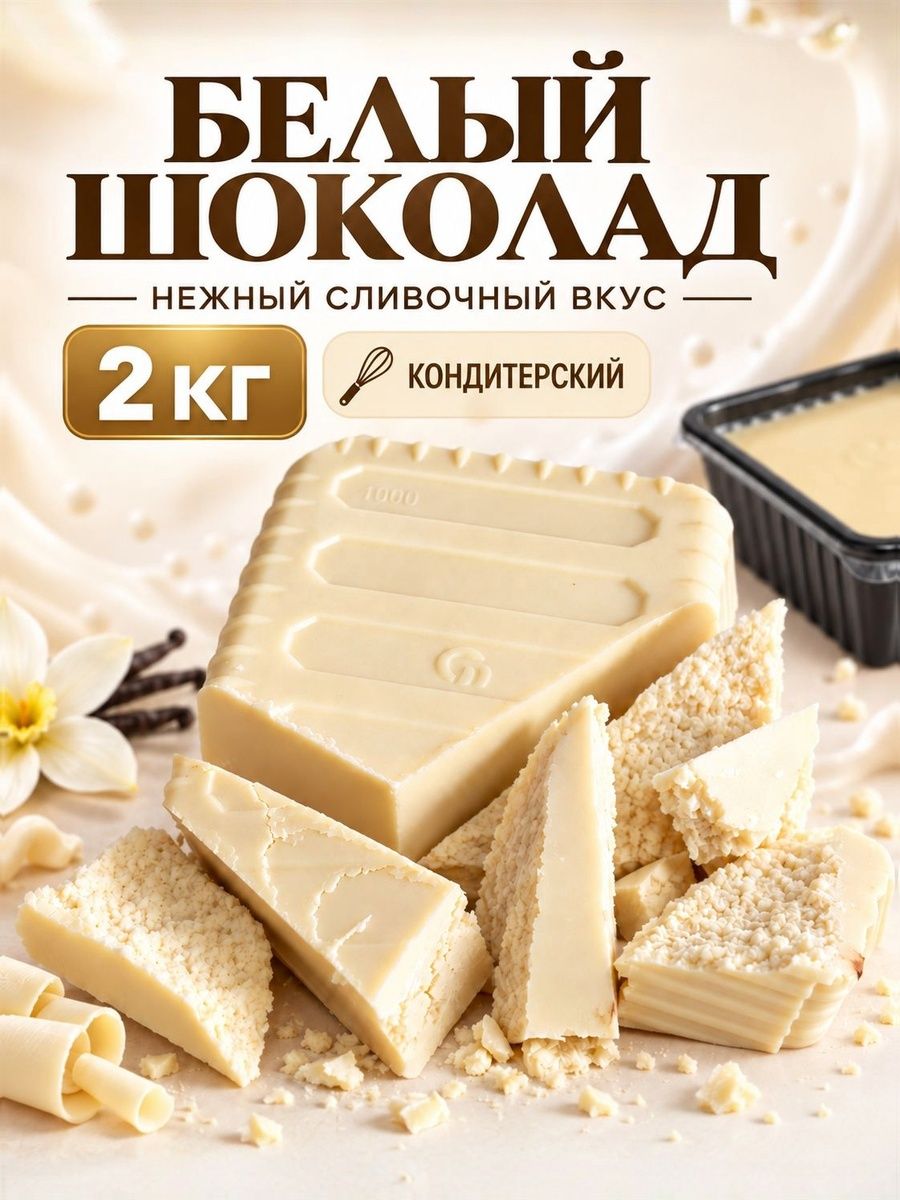 Белый шоколад 2кг кондитерский в брикете, сливочный, для ганаша, крема, выпечки, конфет и декора
