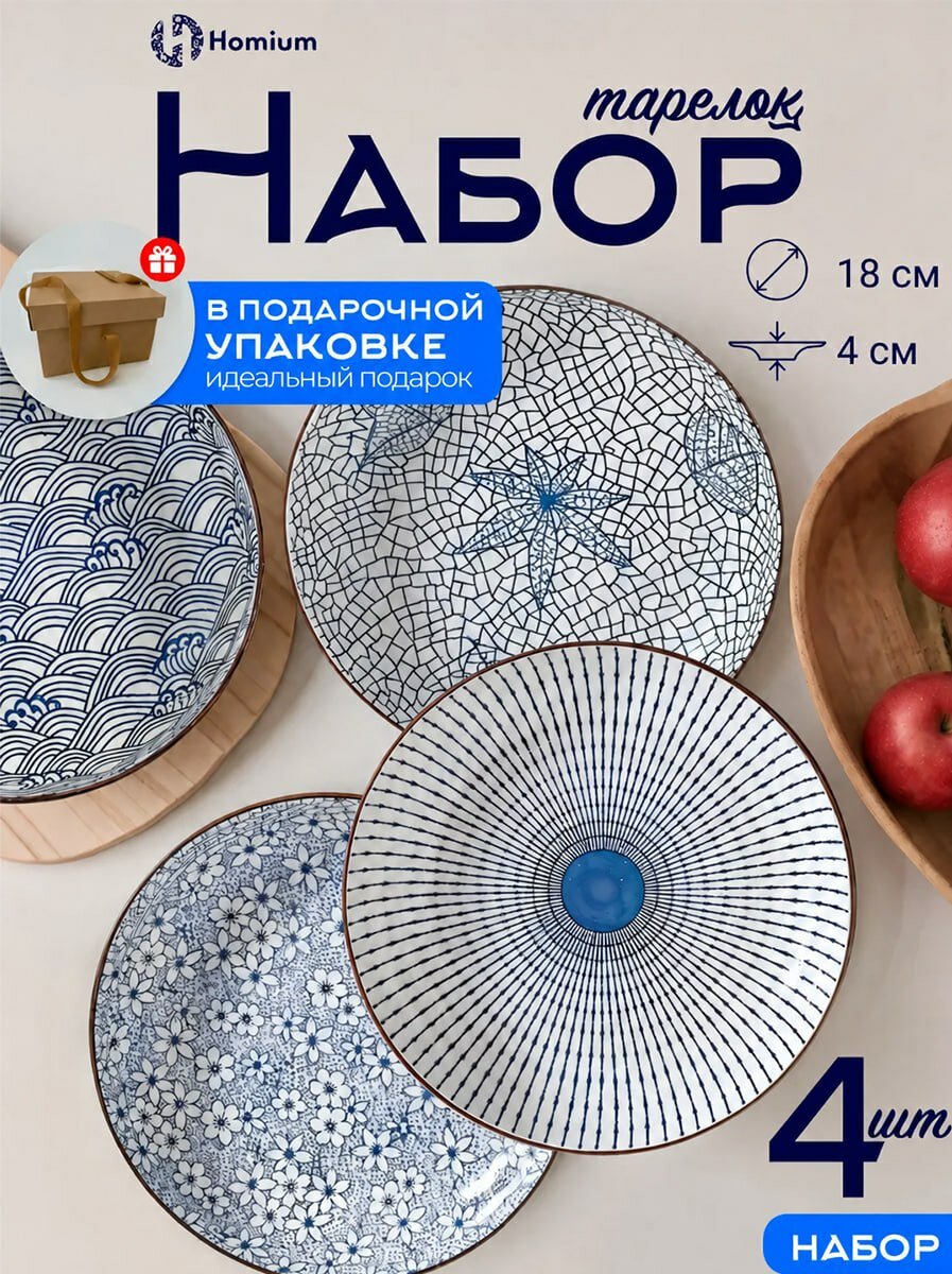 Красивые тарелки 4 штуки Homium серия Japanese Collection (керамика, диаметр 17.5 см)