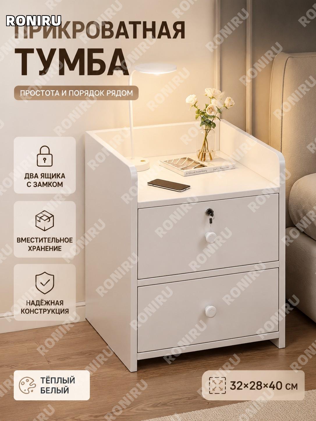 Тумба прикроватная с двумя ящиками и замком, тумбочка для спальни, тёпло-белая деревянная с хранением для дома