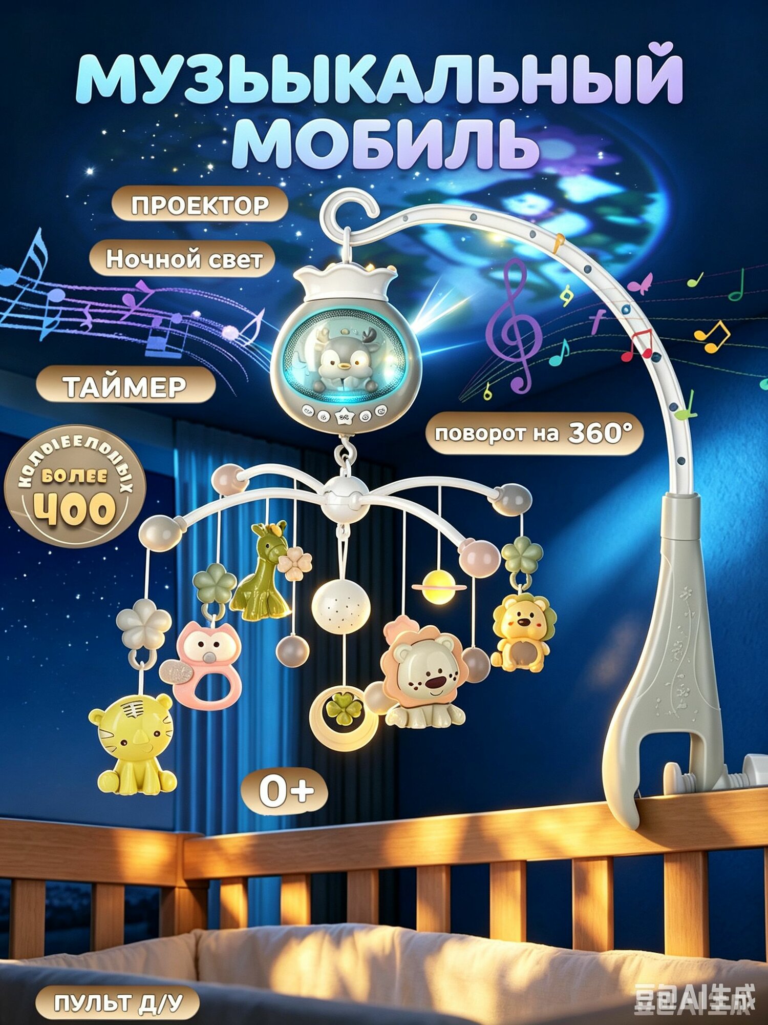 Мобиль музыкальный на кроватку для новорожденных