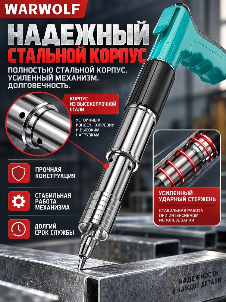 Эксклюзивный комплект: пневматический гвоздезабивной пистолет для бетона и металла с кейсом и 100 крепежными элементами
