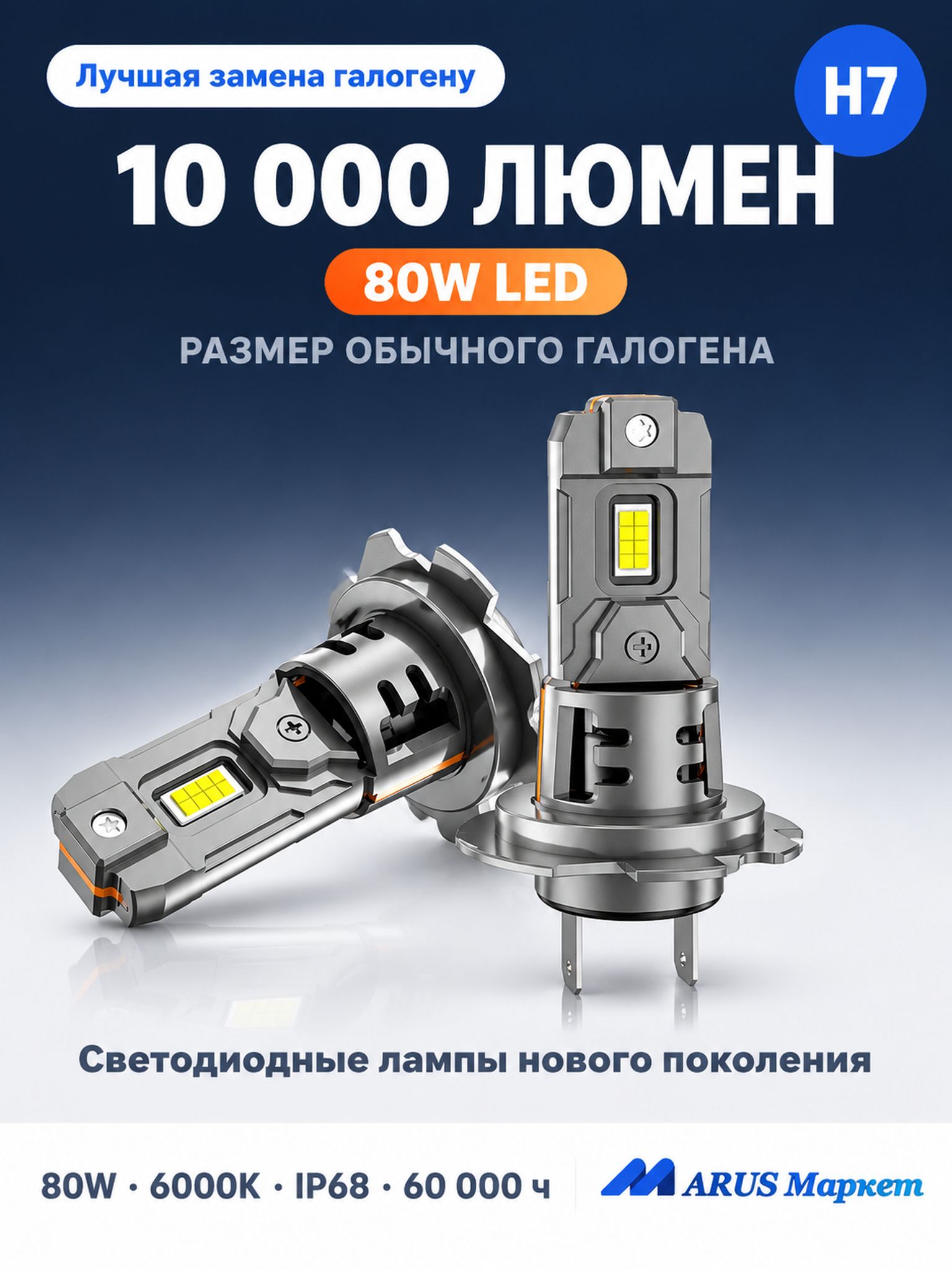 Лампы H7 светодиодные LED автомобильные, 80 Вт, 10000 лм на одну лампу, 2 шт. Лампы H7 светодиодные LED автомобильные, 80 Вт, 10000 лм на одну лампу, 2 шт.