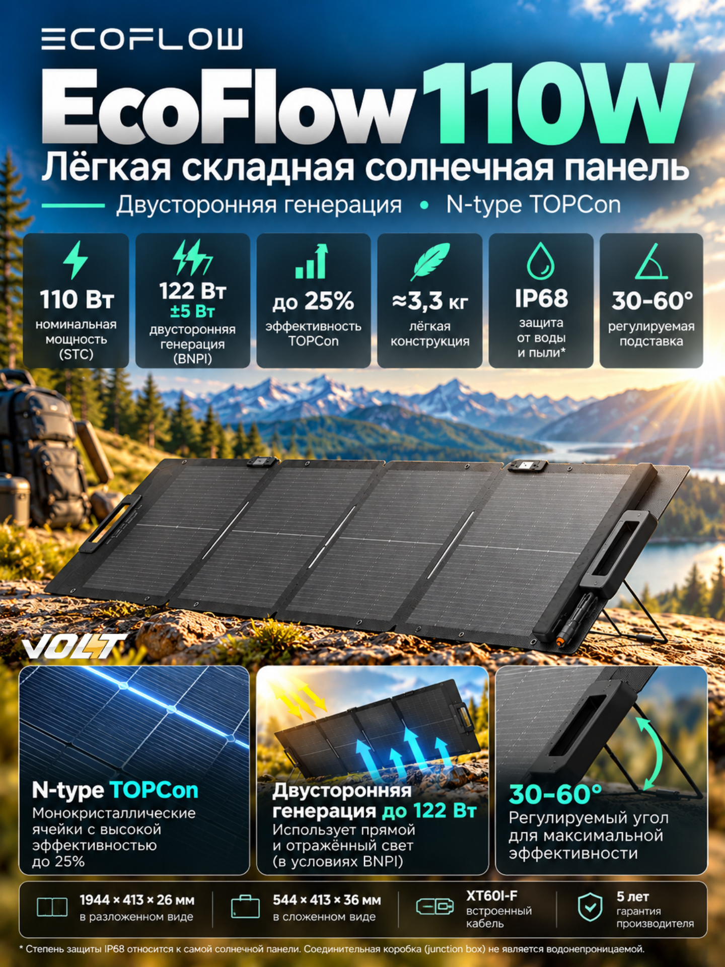 Складная солнечная панель EcoFlow 110W Lightweight Portable Solar Panel EU Version 110 Вт, двусторонняя TOPCon, IP68, XT60i-F, облегченная, евро