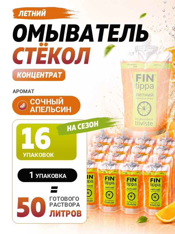Жидкость стеклоомывателя, концентрат с ароматом апельсина FINtippa, омывайка для авто летняя,16л (1л * 16шт.)