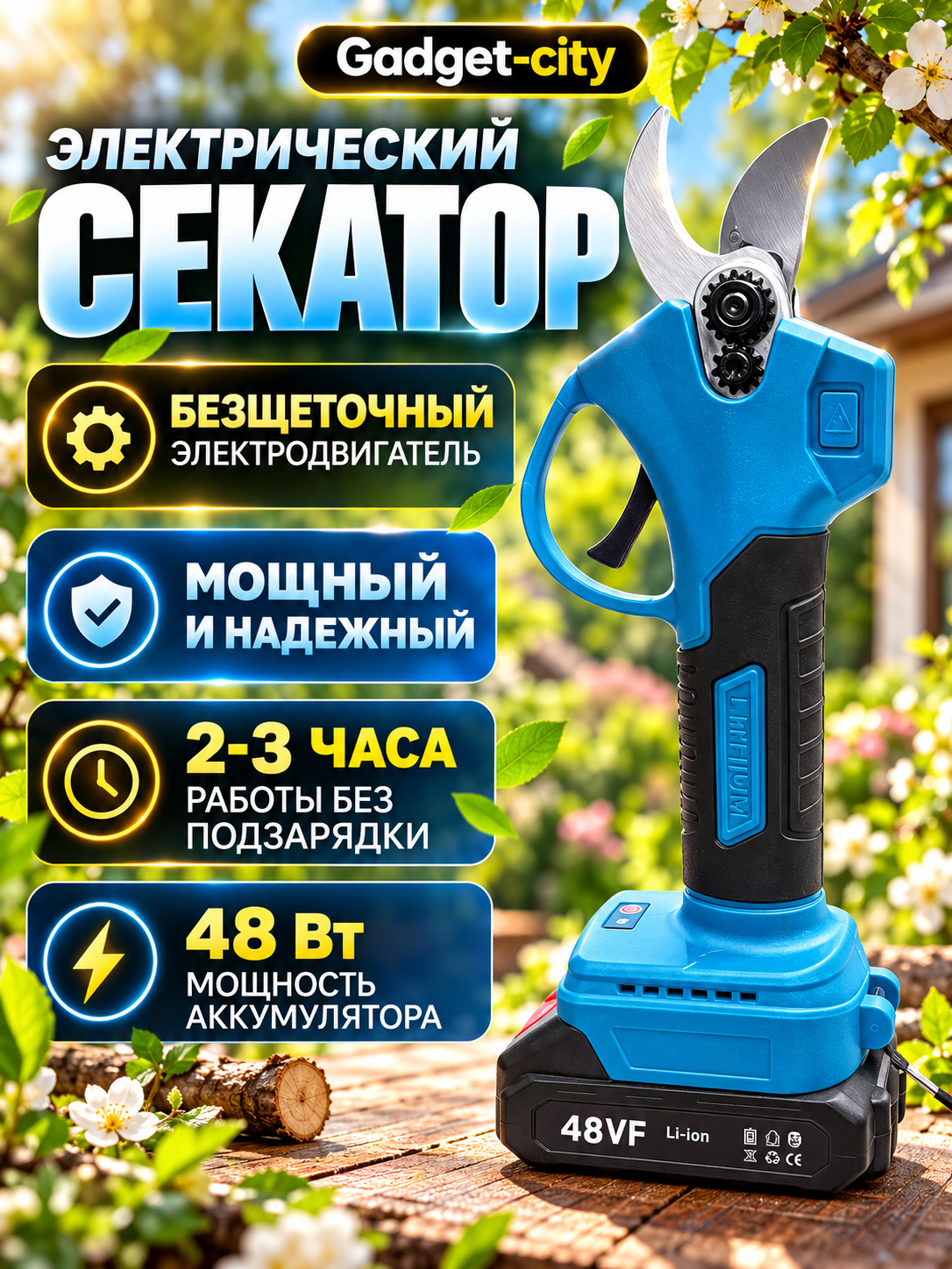 Секатор аккумуляторный садовый 48V 2АКБ, электросекатор сучкорез ручной для сада, кейс для хранения