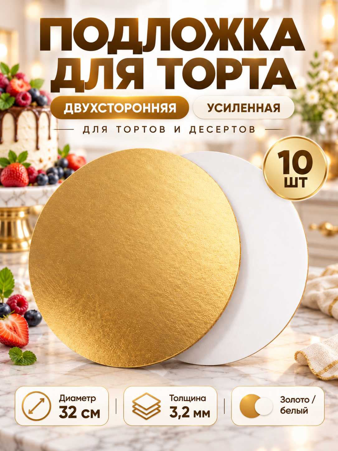Подложки для торта 32 см толщина 3,2 мм 10шт