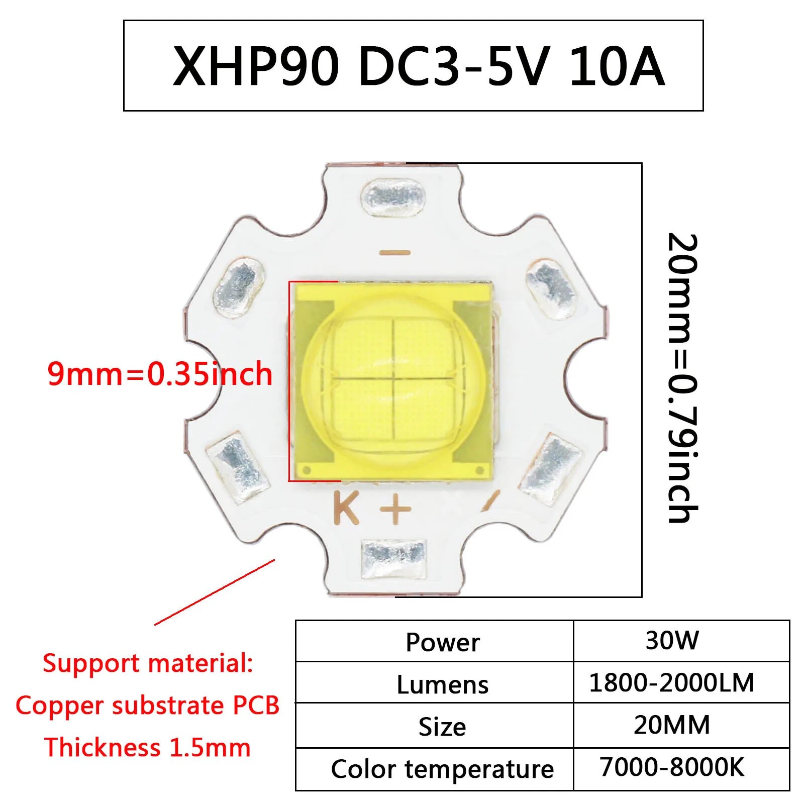 LED Beads XHP50 XHP70 XHP90 XHP110 5W 18W 30W 45W 54W 72W 20mm для фонарика