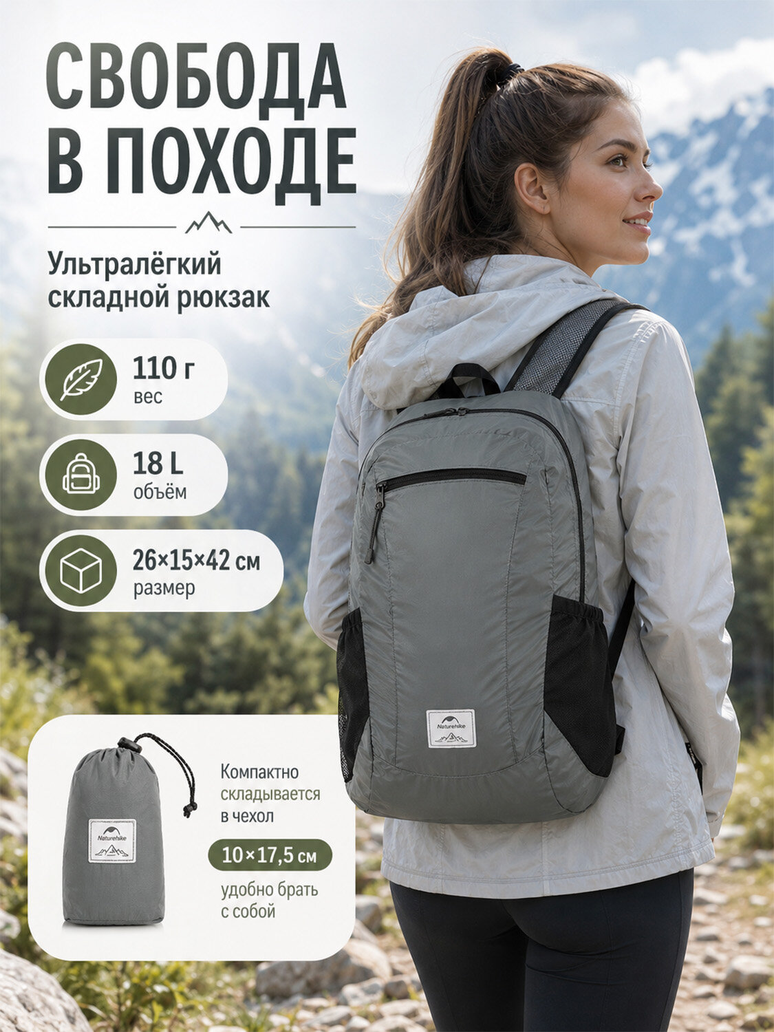 Naturehike складной рюкзак 18 л лёгкий для путешествий и походов, водоотталкивающий, складывается в чехол , вес 110 г, 4 цвета