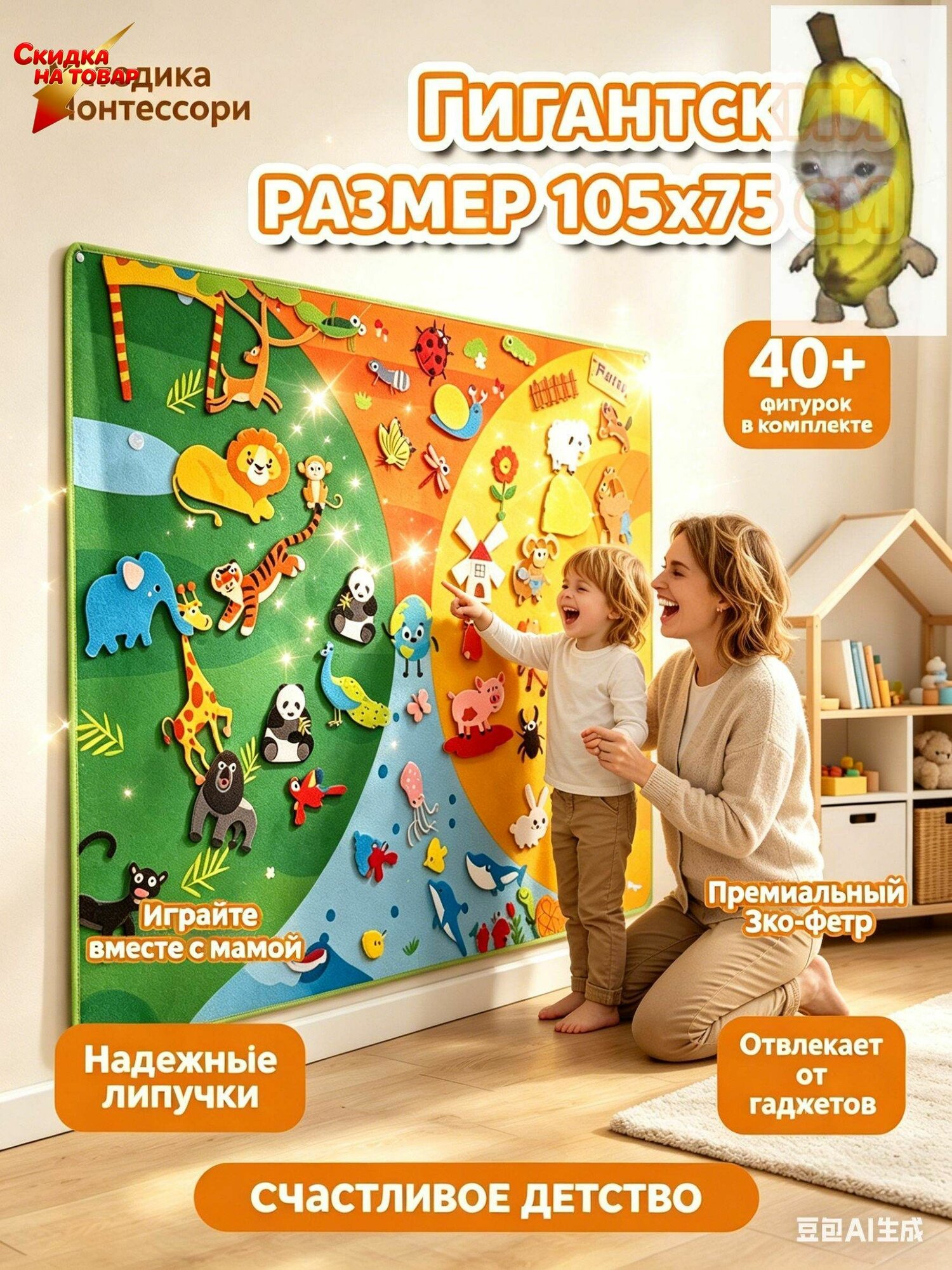 Огромный настенный бизиборд Зоопарк игровой коврик на стену 10575 см. Фетровая доска на липучках для детей. Декор в