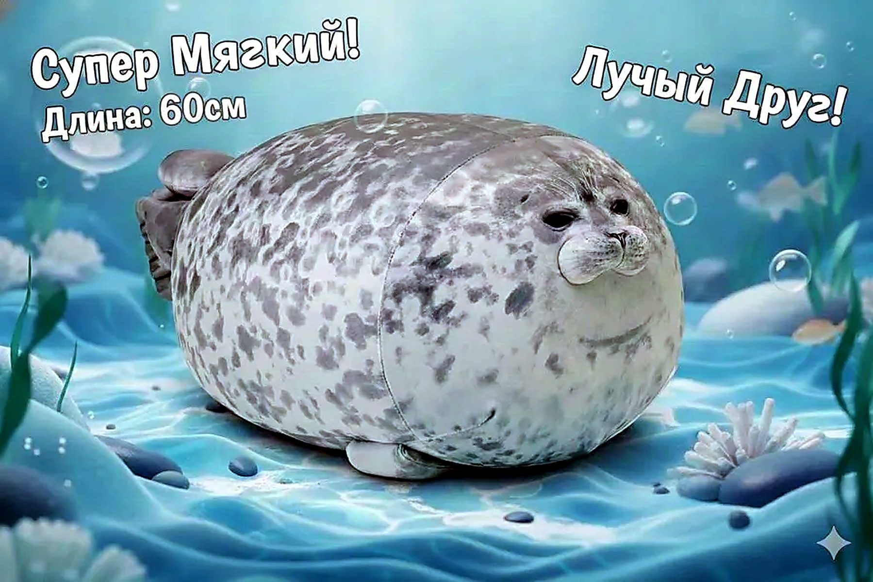 Плюшевая подушка Тюлень 60см, мягкая круглая игрушка, набивное морское животное из хлопка