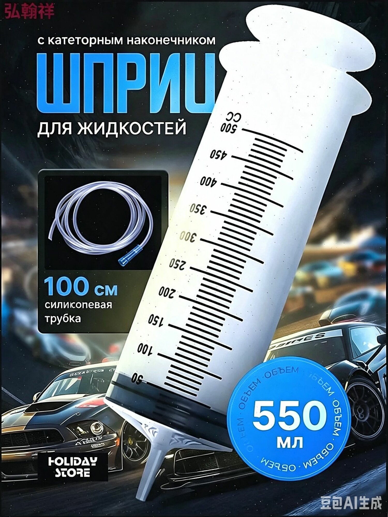 Шприц Жане большой 500 мл, с трубкой для замены, откачки масла и технических жидкостей, без иглы, многоразовый