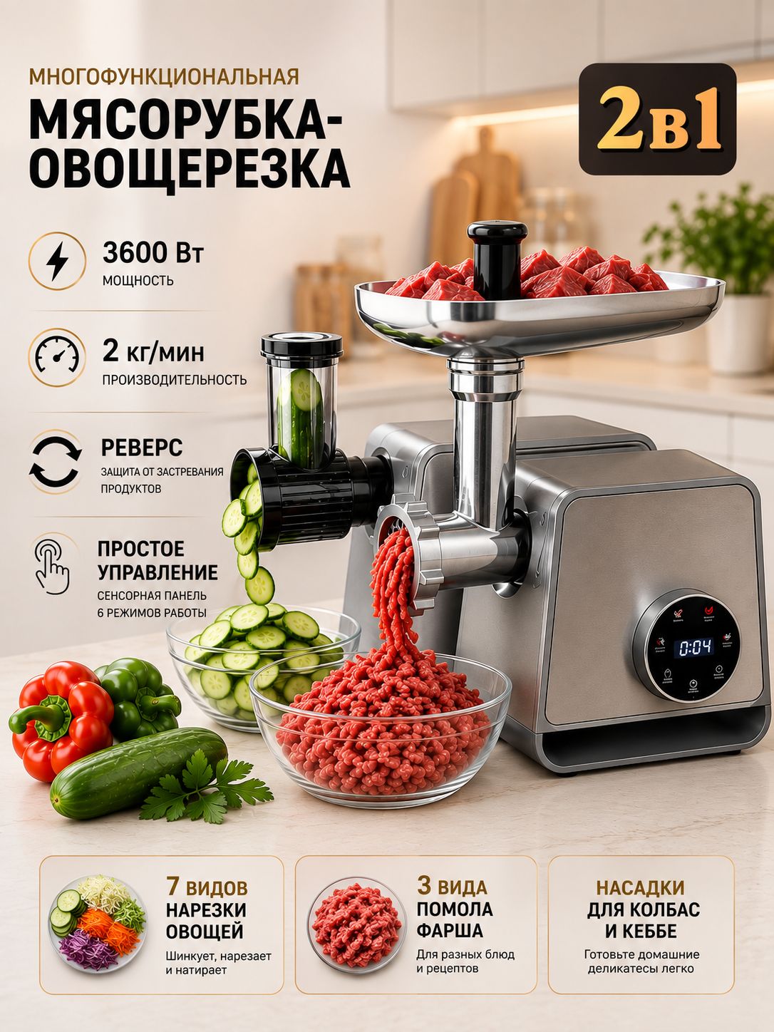 Мясорубка электрическая MALAJESS MJ-MG4C с овощерезкой и насадками