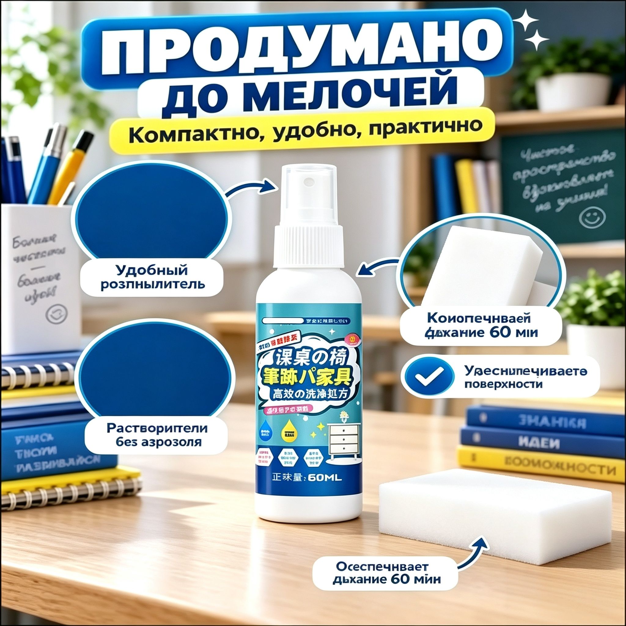 Средство для очистки школьной мебели, парт и стульев от следов шариковой ручки, фломастеров, карандаша и детских рисунков, 60 мл, с чистящей губкой